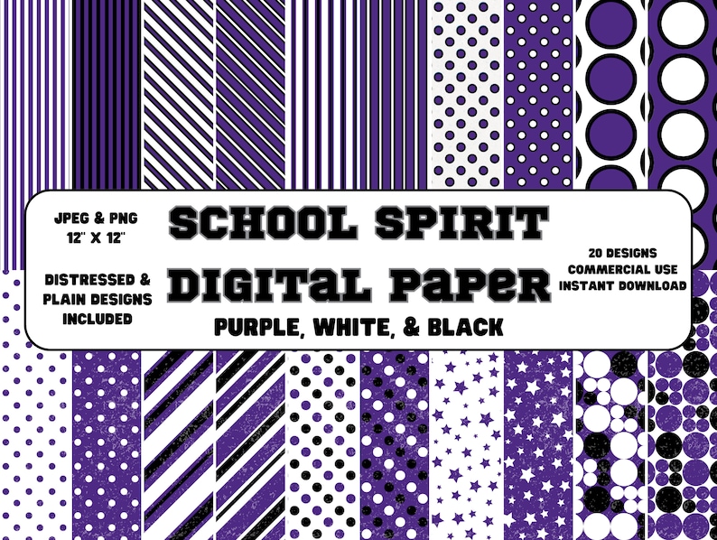 Digital Paper • School Spirit • Purple, White, & Black • Plain and ...
