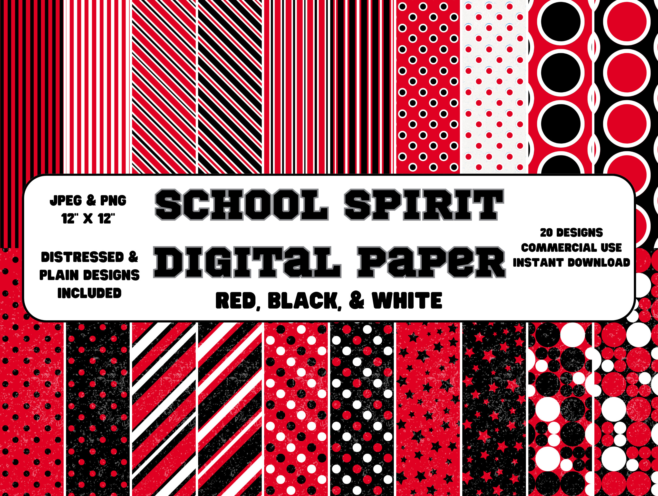 Digital Paper • School Spirit • Red, Black, & White • Plain and ...