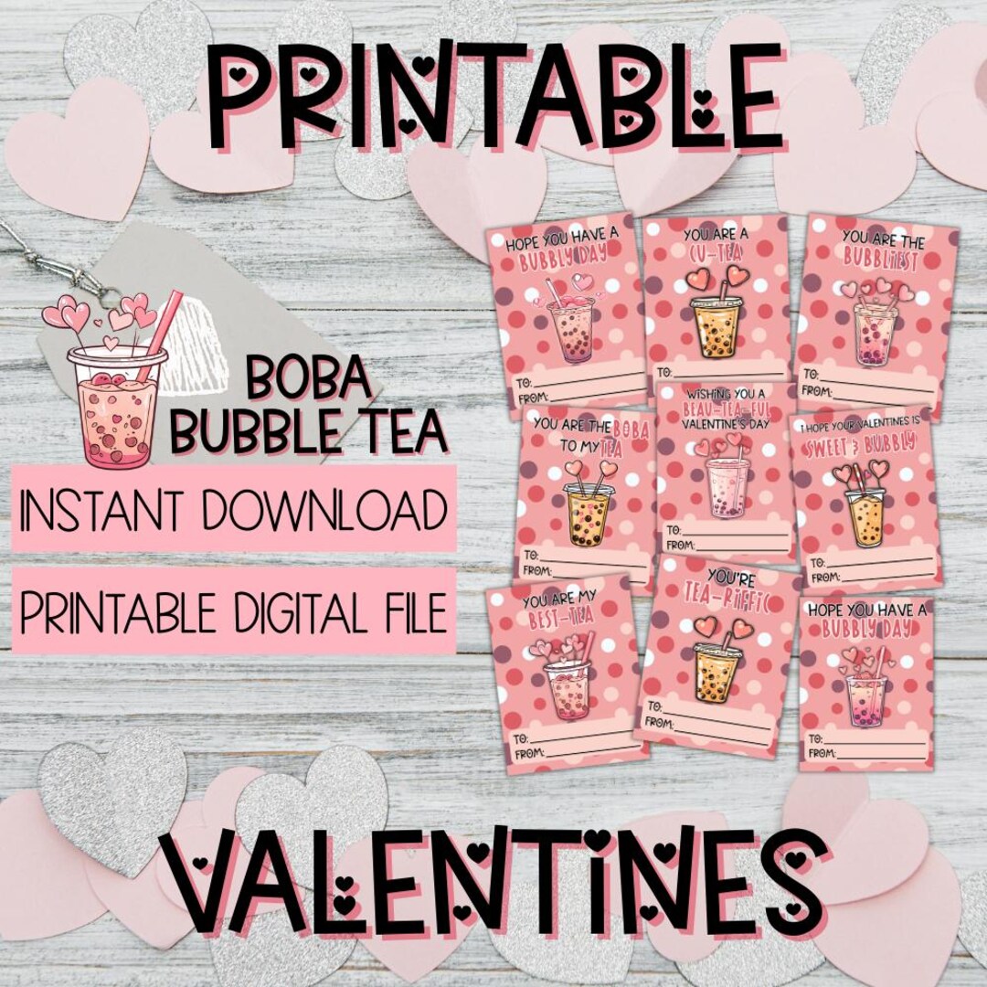 Kawaii Boba Tea Valentine's Day Cards – Printable Classroom Valentines ...