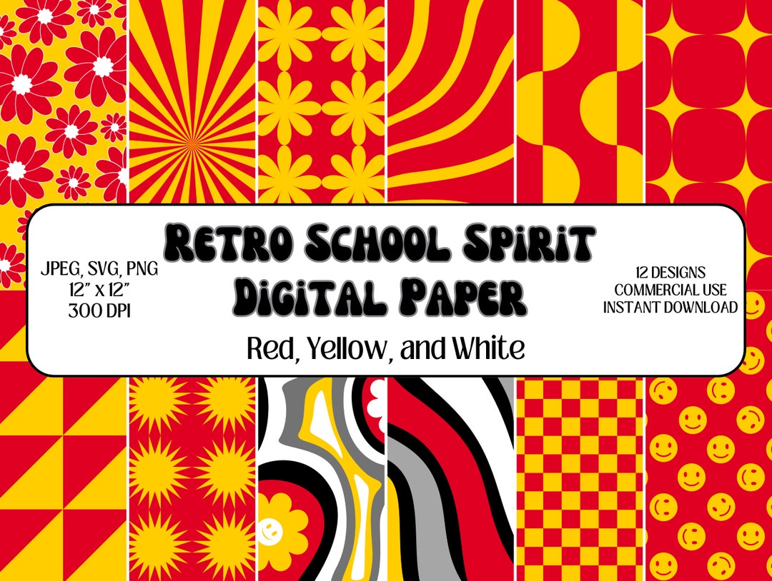 Digital Paper • Retro School Spirit • Red, Yellow, & White• Scrapbook ...