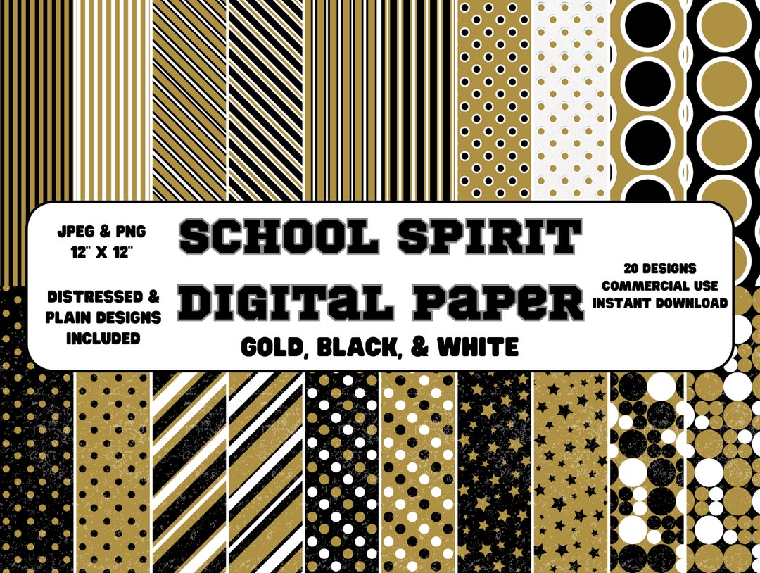 Digital Paper • School Spirit • Gold, Black, & White • Plain and ...