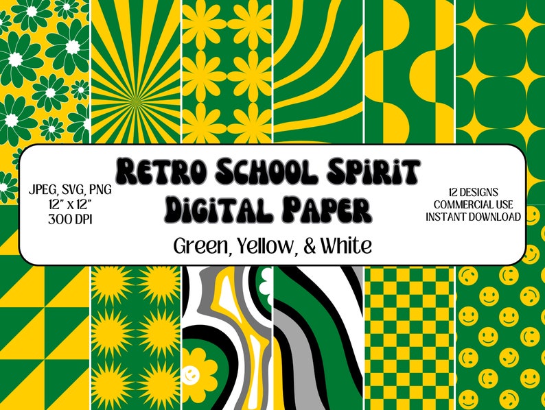 Digital Paper • Retro School Spirit • Green, Yellow, & White ...