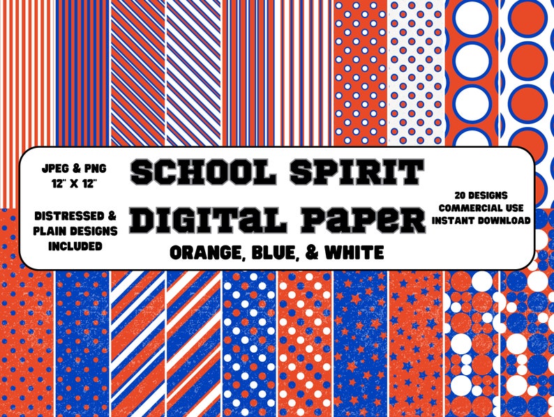 Digital Paper • School Spirit • Orange, Blue, & White • Plain and ...