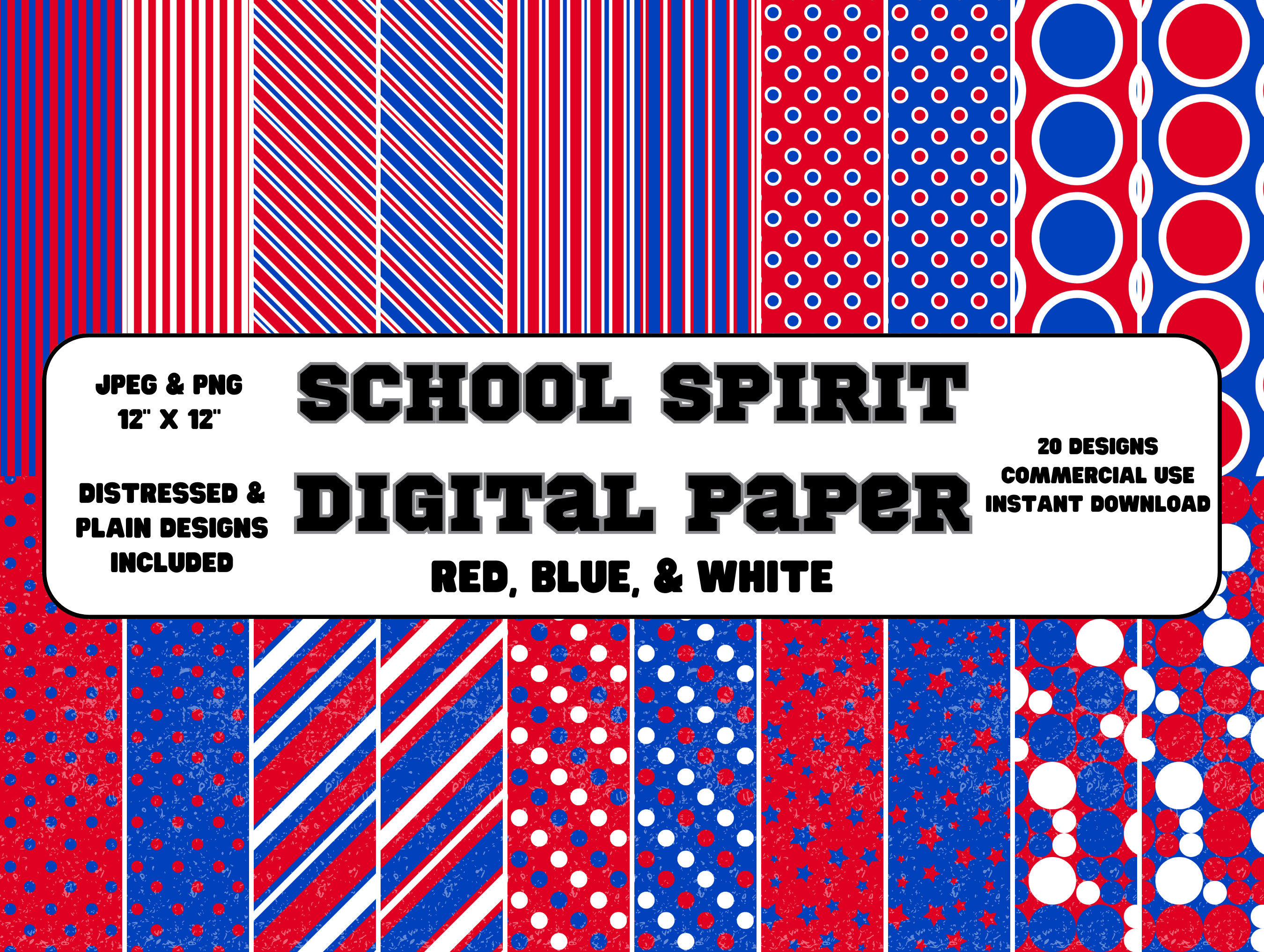 Digital Paper • School Spirit • Red, Blue, & White • Plain and ...