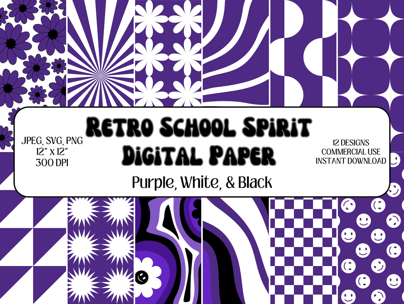 Digital Paper • Retro School Spirit • Purple, White, & Black ...