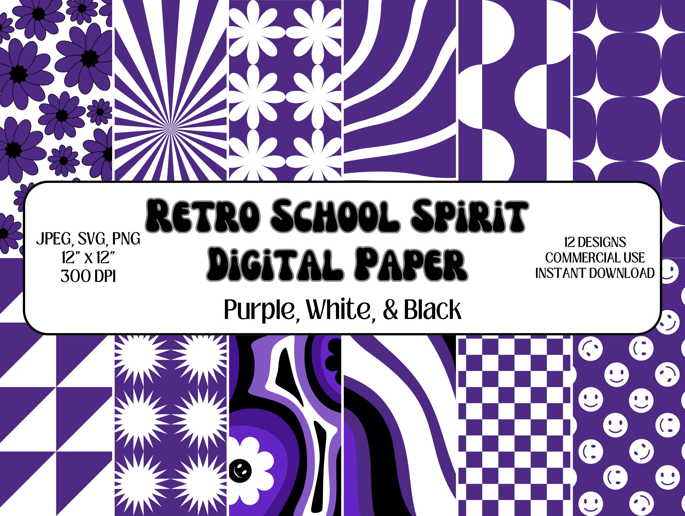 Digital Paper • Retro School Spirit • Purple, White, & Black ...