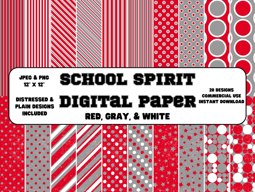 Digital Paper • School Spirit • Red, Gray, & White • Plain and ...