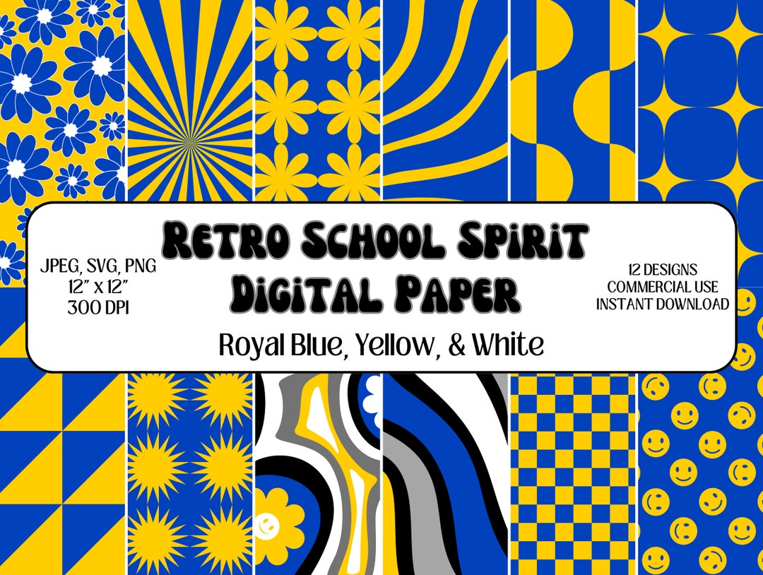Digital Paper • Retro School Spirit • Royal Blue, Yellow, & White ...