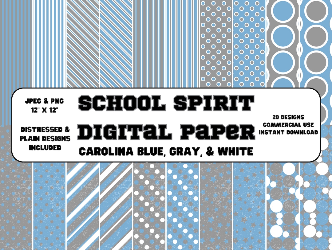 Digital Paper • School Spirit • Carolina Blue, Gray, & White • Plain ...