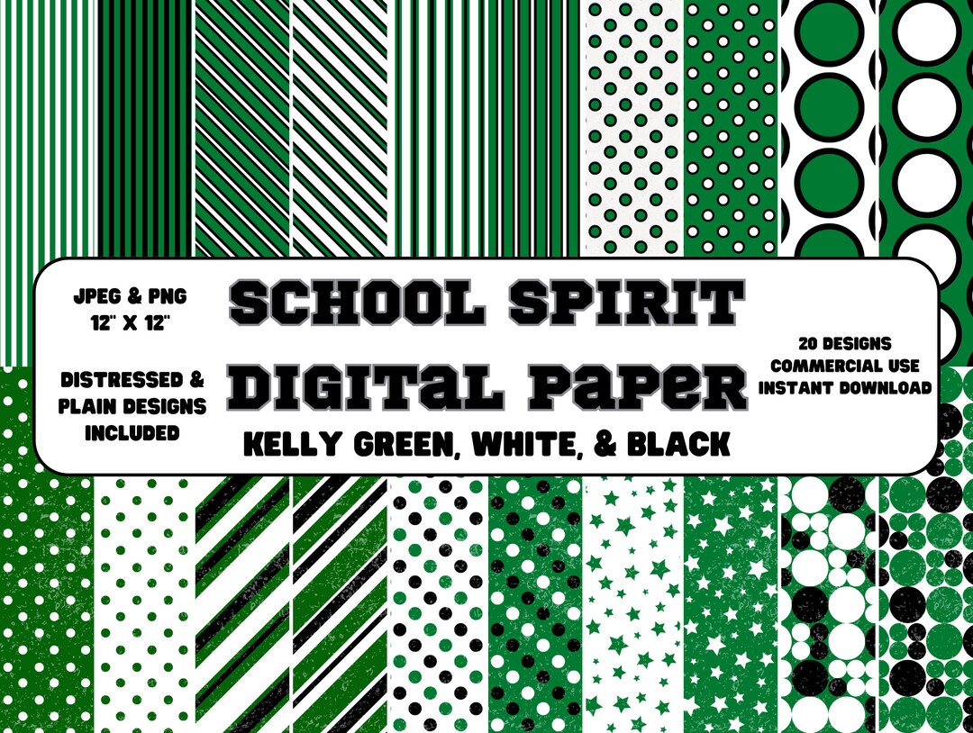 Digital Paper • School Spirit • Kelly Green, White, & Black • Plain and ...