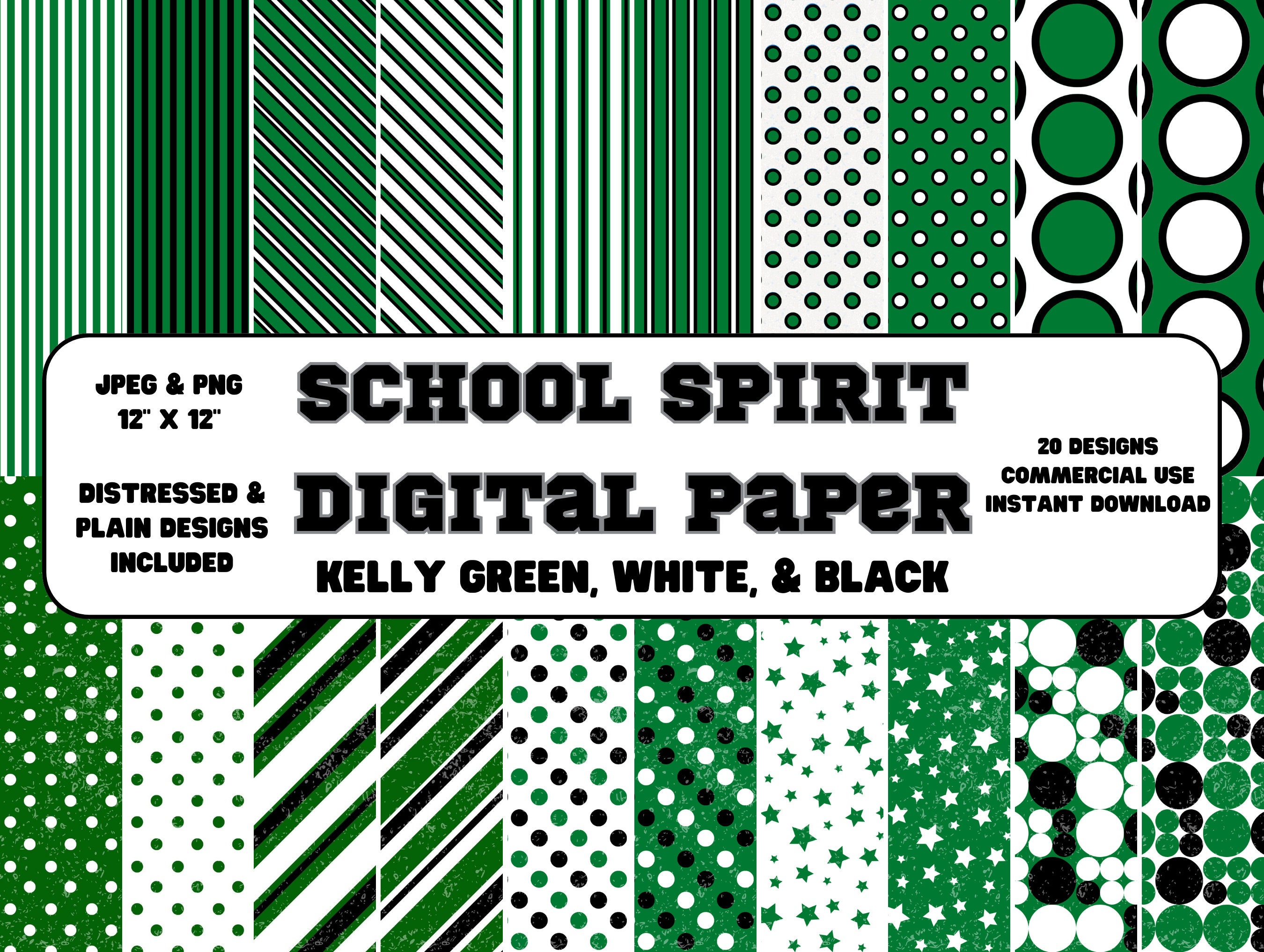 Digital Paper • School Spirit • Kelly Green, White, & Black • Plain and ...