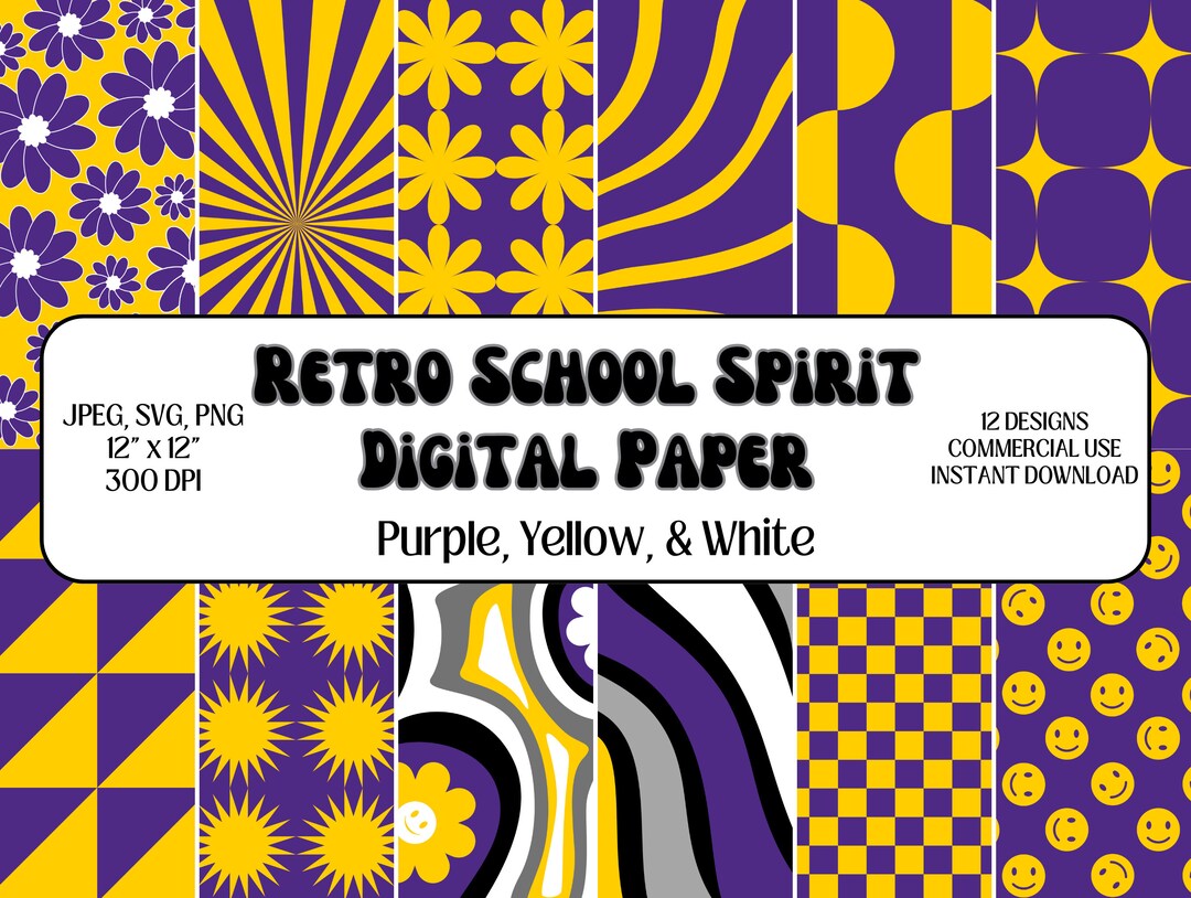 Digital Paper • Retro School Spirit • Purple, Yellow, & White ...