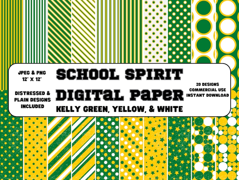 Digital Paper • School Spirit • Kelly Green, Yellow, & White • Plain ...