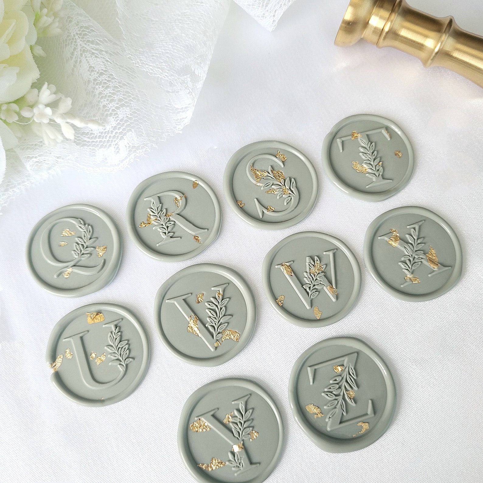Single Initial Monogram Wax Seals With Gold Foil Flakes, Wedding ...