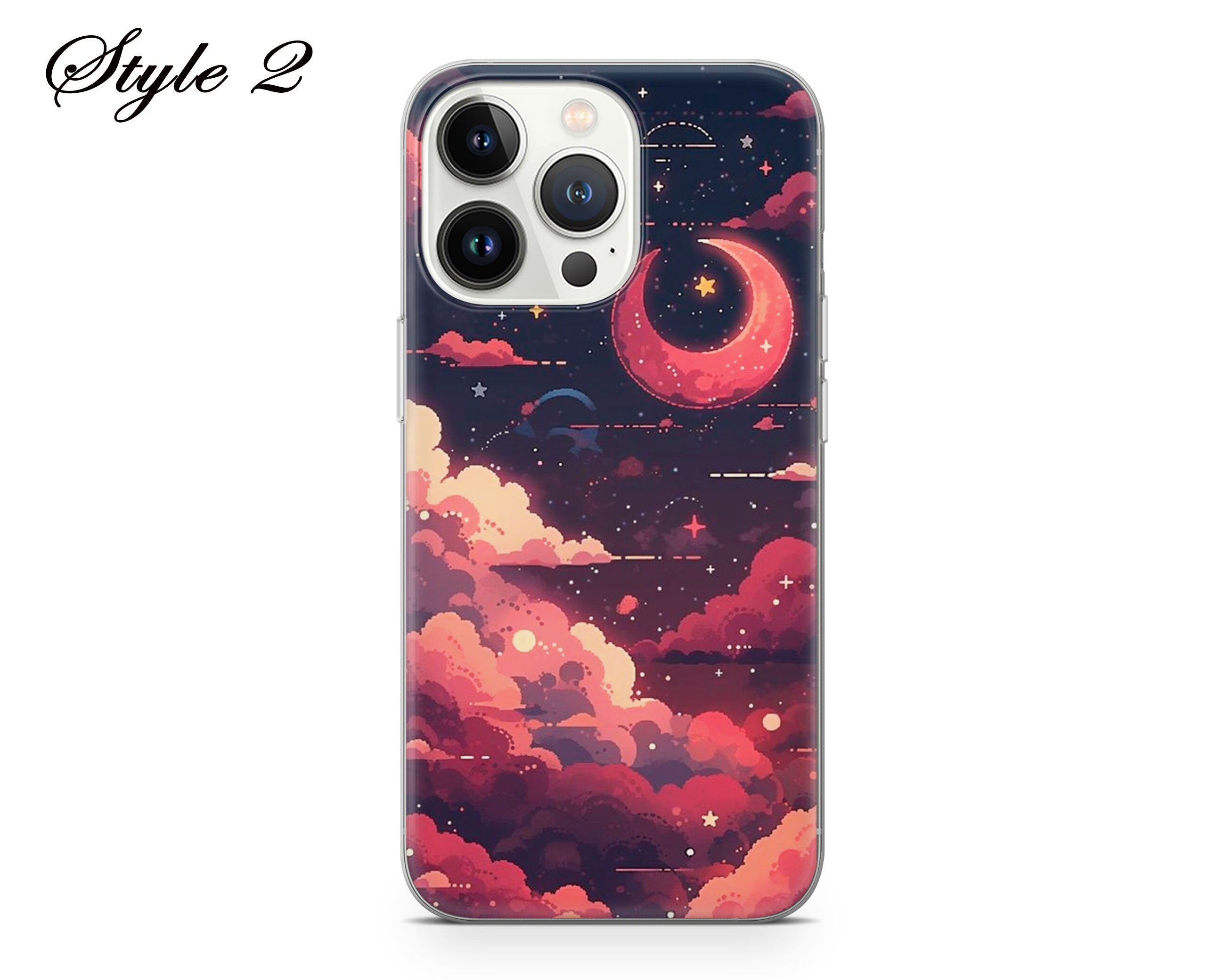 Half Moon Crescent Stars Pixel Art Sky Phone Case for iPhone 15 14 13 ...