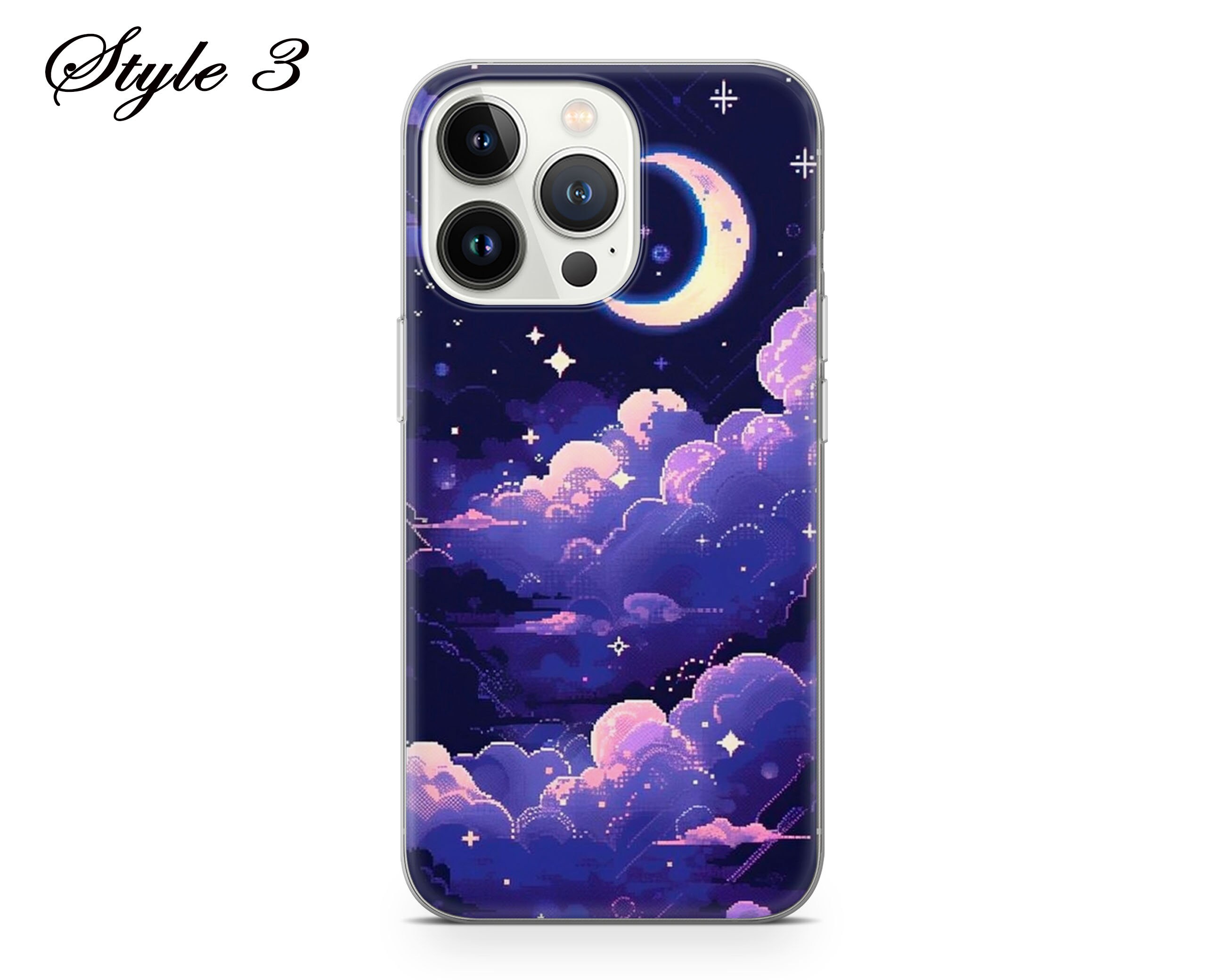 Half Moon Crescent Stars Pixel Art Sky Phone Case for iPhone 15 14 13 ...