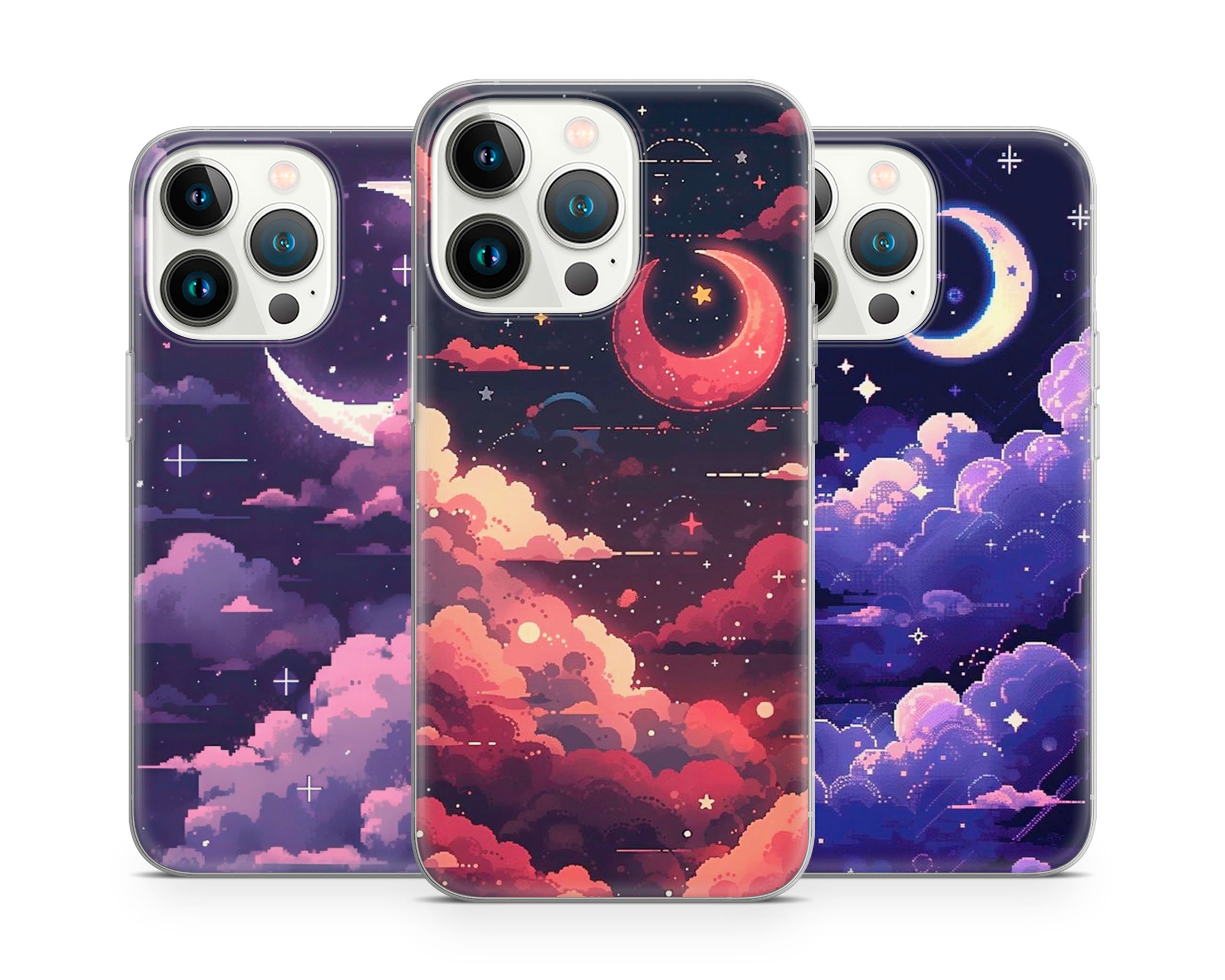 Half Moon Crescent Stars Pixel Art Sky Phone Case for iPhone 15 14 13 ...