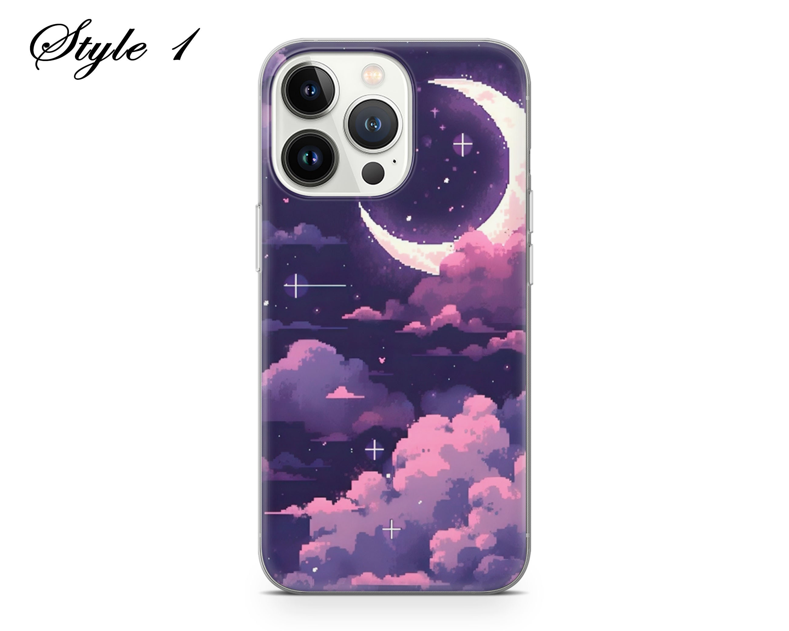Half Moon Crescent Stars Pixel Art Sky Phone Case for iPhone 15 14 13 ...