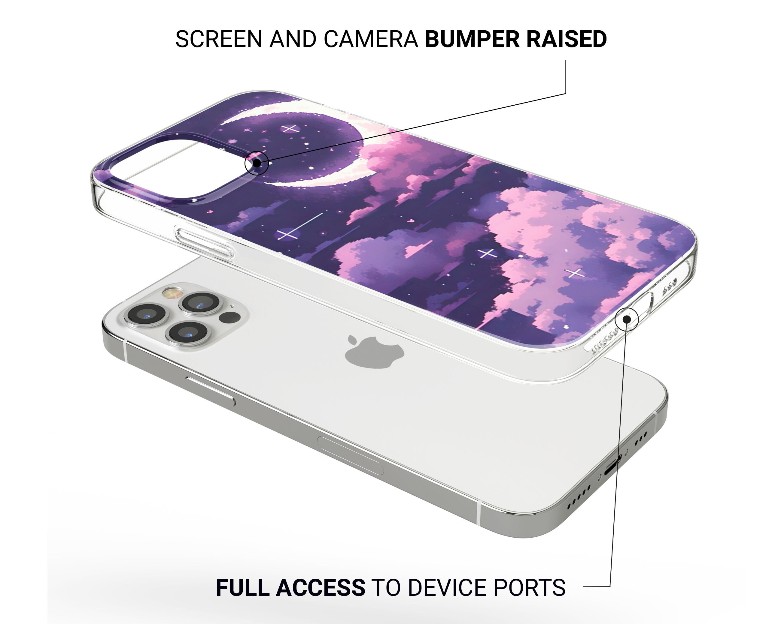 Half Moon Crescent Stars Pixel Art Sky Phone Case for iPhone 15 14 13 ...