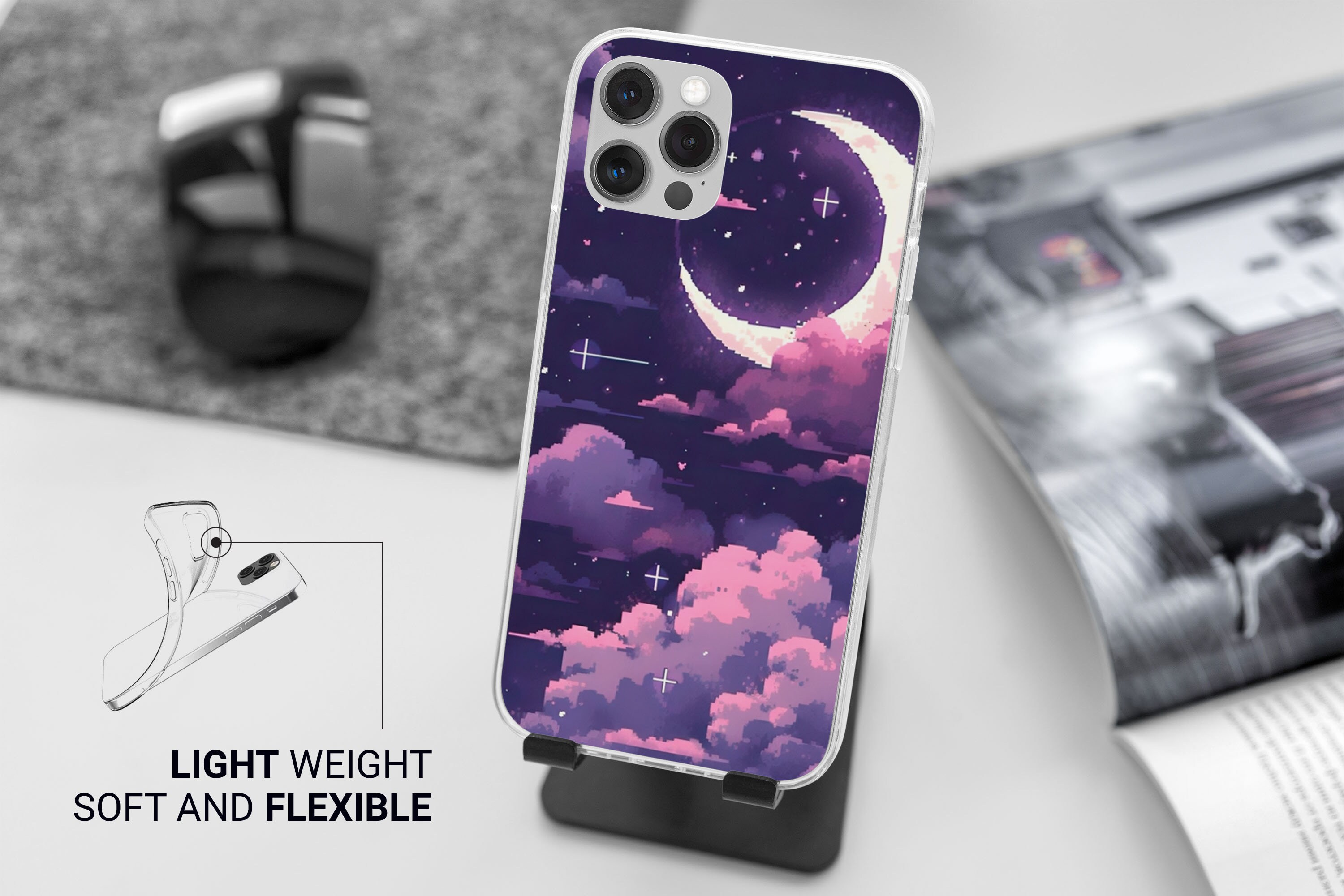 Half Moon Crescent Stars Pixel Art Sky Phone Case for iPhone 15 14 13 ...