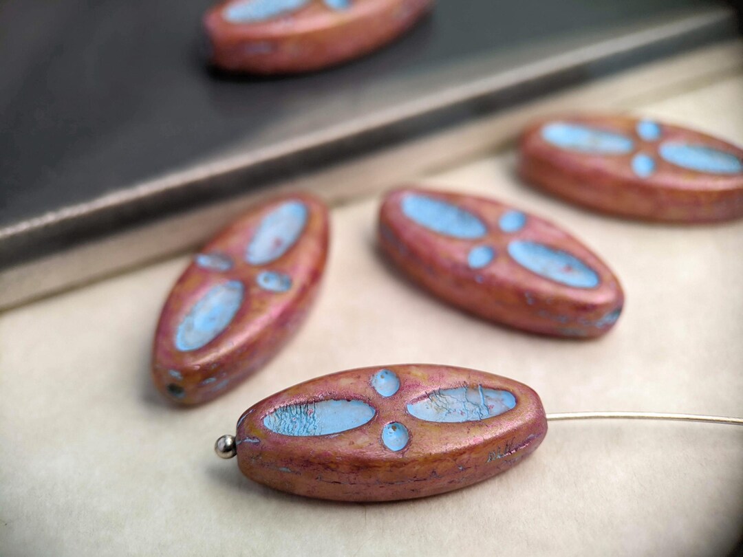 10pcs: Peach Pit Red With Blue Wash 20x9mm Eyed Spindle, Czech Glass ...