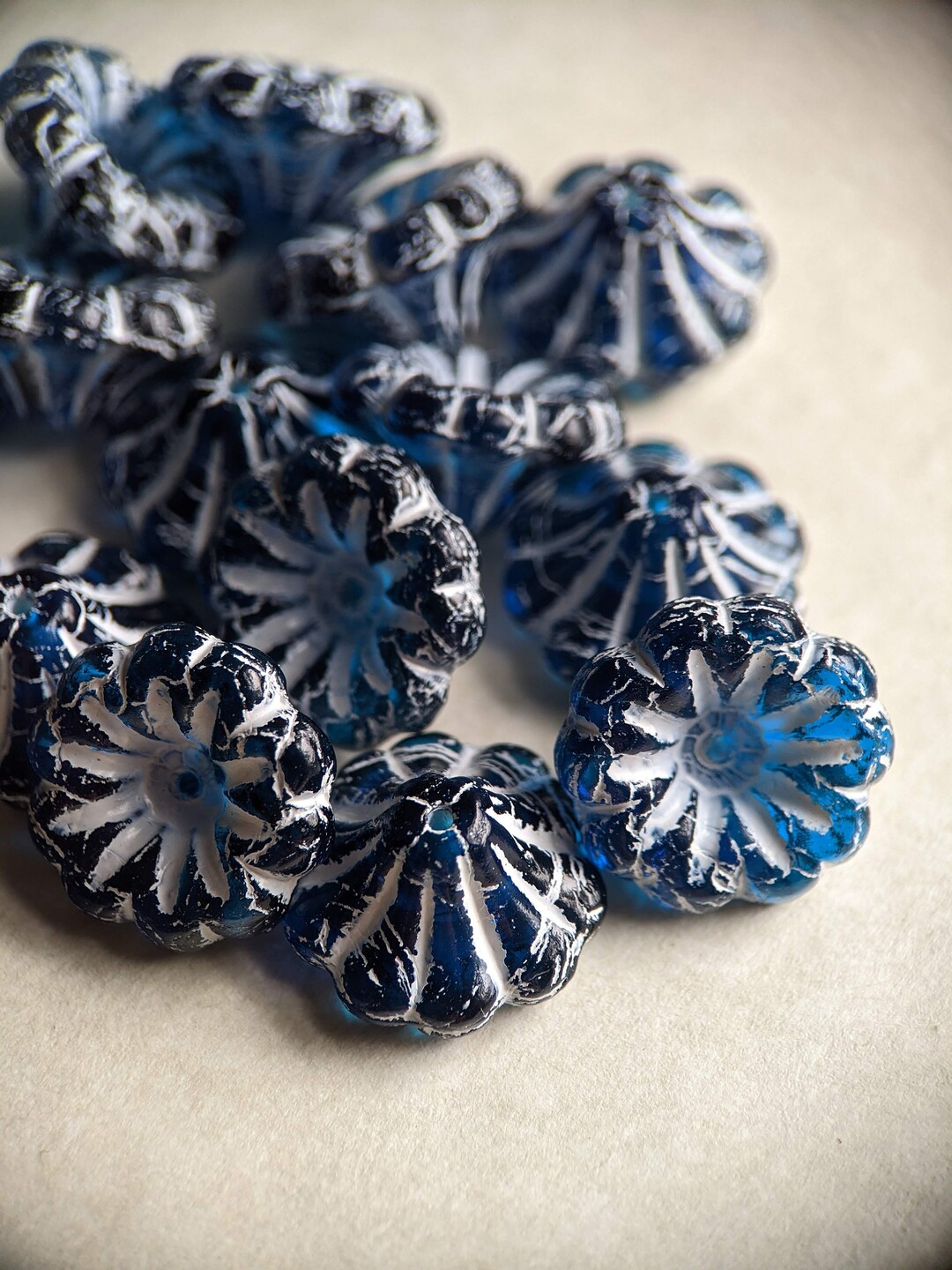6pcs: Clear Navy Blue With White 15x8mm Fluted Cone Flower, Czech Glass ...