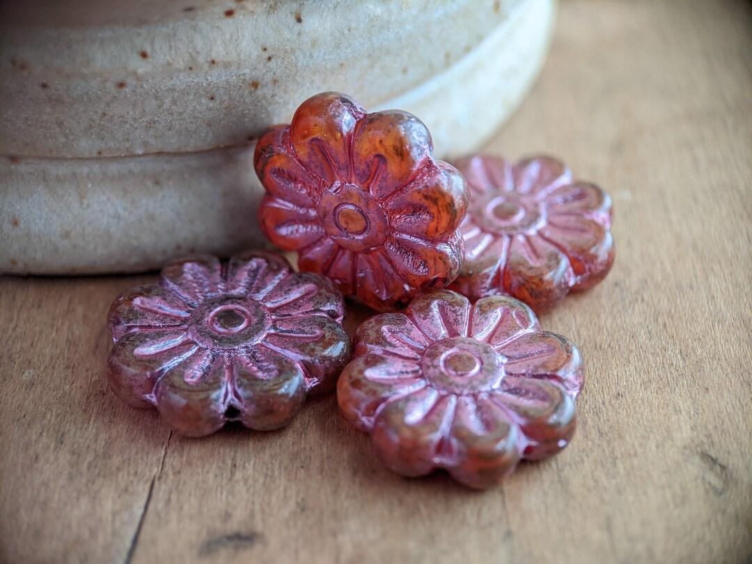 6pcs: Caramel Picasso With Pink Wash 18mm Daisy, Czech Glass Flower ...