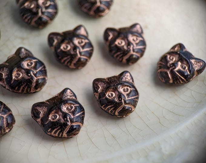 10pcs: Black With Copper Wash 13mm Cat Head, Pressed Czech Glass Beads ...