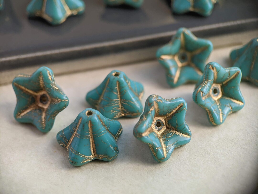 8pcs: Opaque Turquoise With Gold Wash 13x8mm Trumpet Flower, Pressed ...