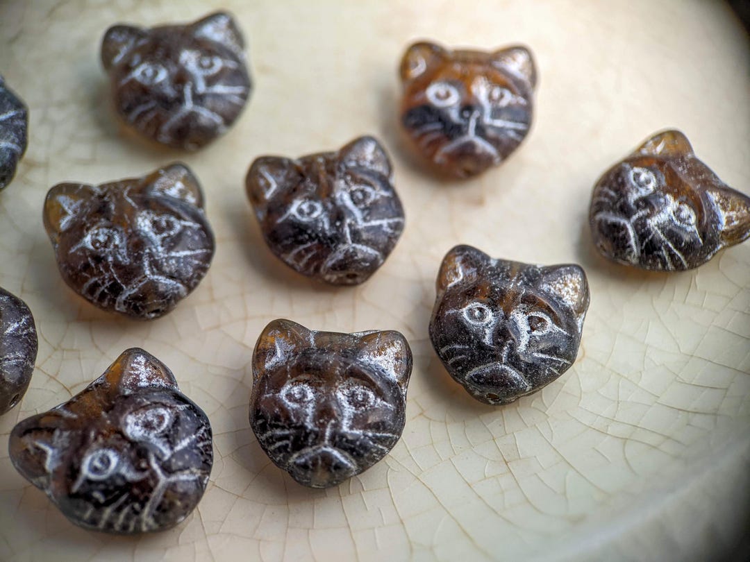10pcs: Silvered Root Beer 13mm Cat Head, Czech Glass Animal Beads in ...