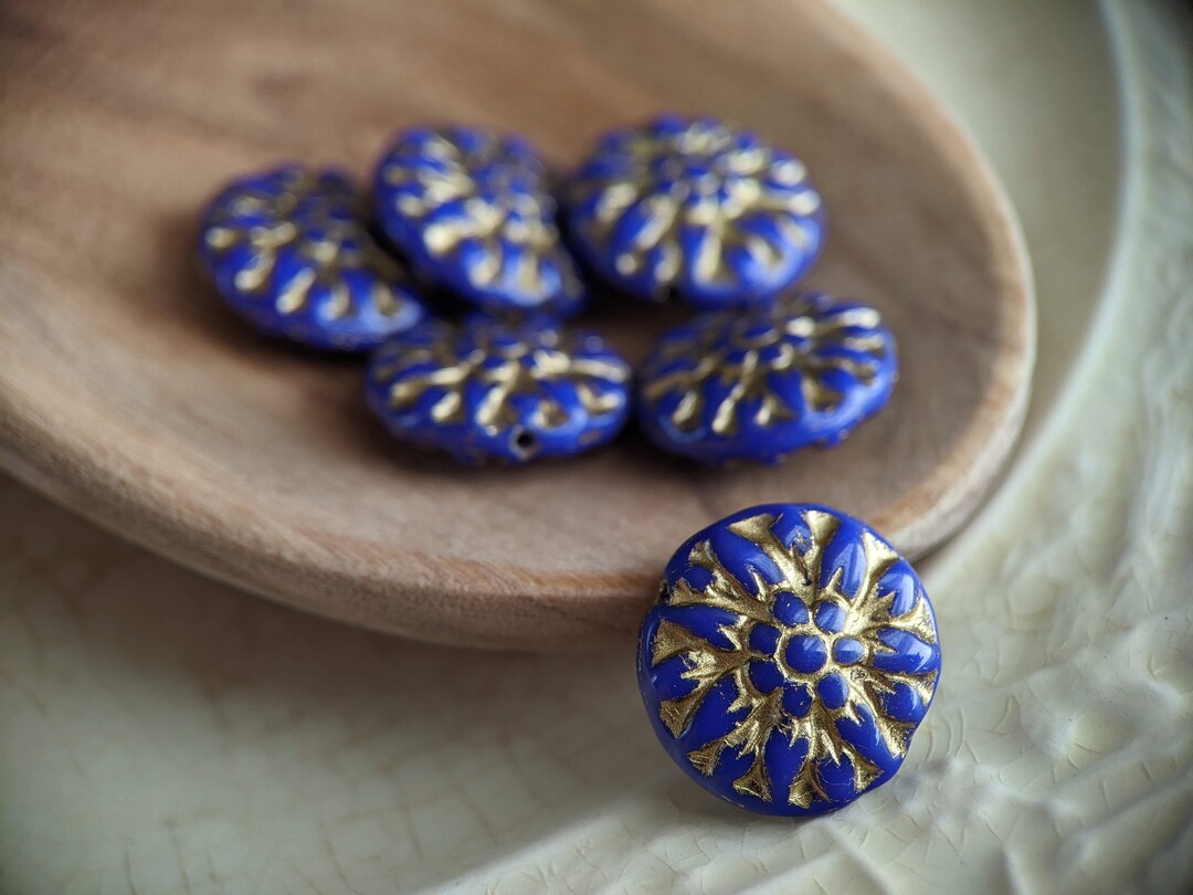 6pcs: Indigo With Gold Wash 15mm Dahlia Coin Flower, Czech Glass Beads ...