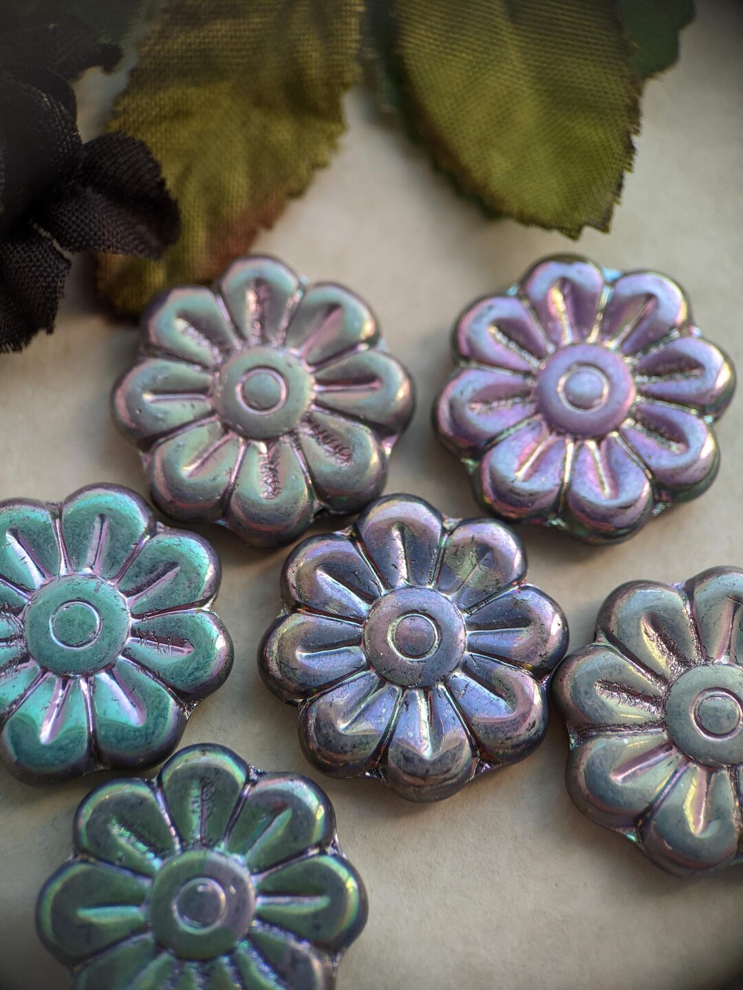 6pcs: Oil Slick 18mm Daisy, Czech Glass Flower Beads in Iridescent ...