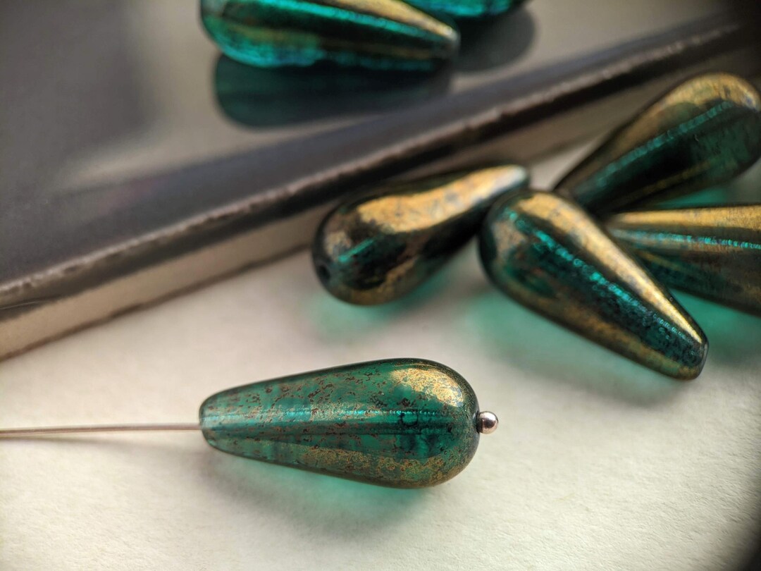 6pcs: Dark Teal With Gold Luster 20x9mm Smooth Teardrop, Pressed Czech Glass Beads, Vertically ...