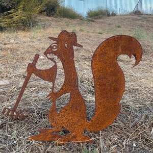 Rustic Rusty Metal Squirrel With a Rake and Hat, Yard Art, Garden Decor ...