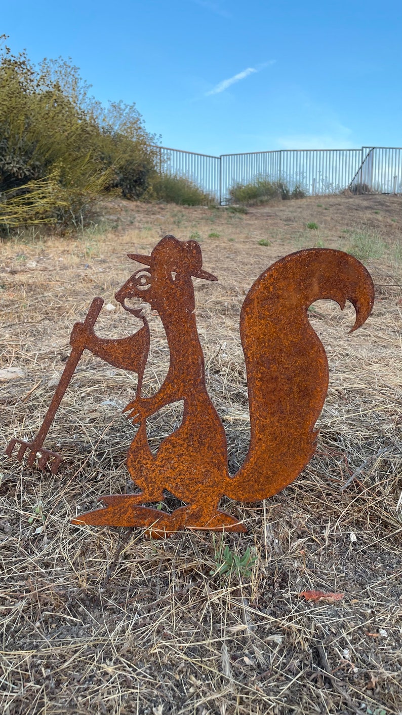 Rustic Rusty Metal Squirrel With a Rake and Hat, Yard Art, Garden Decor ...