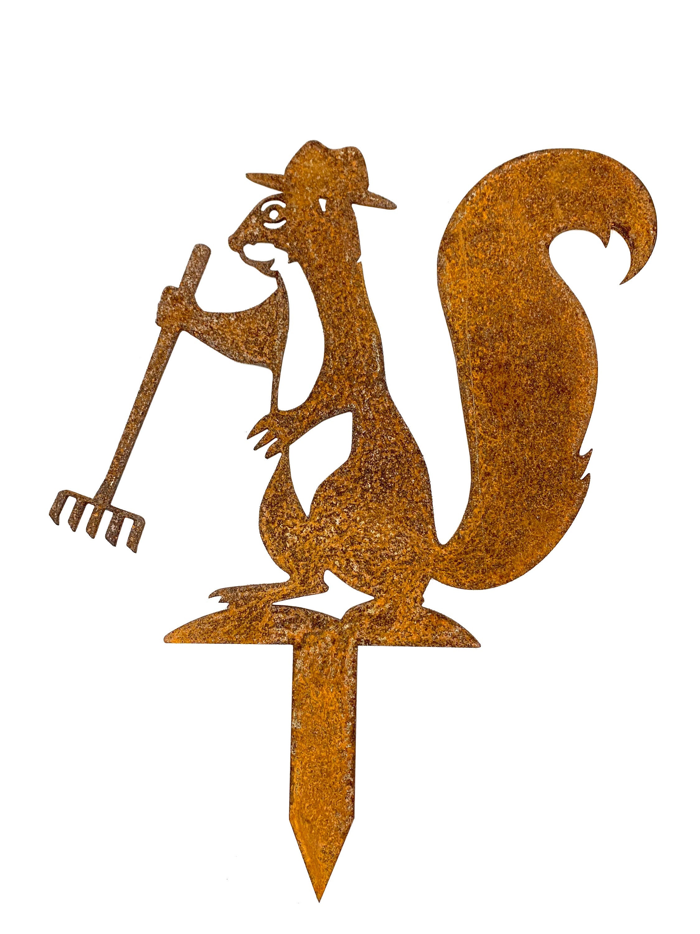Rustic Rusty Metal Squirrel With a Rake and Hat, Yard Art, Garden Decor ...