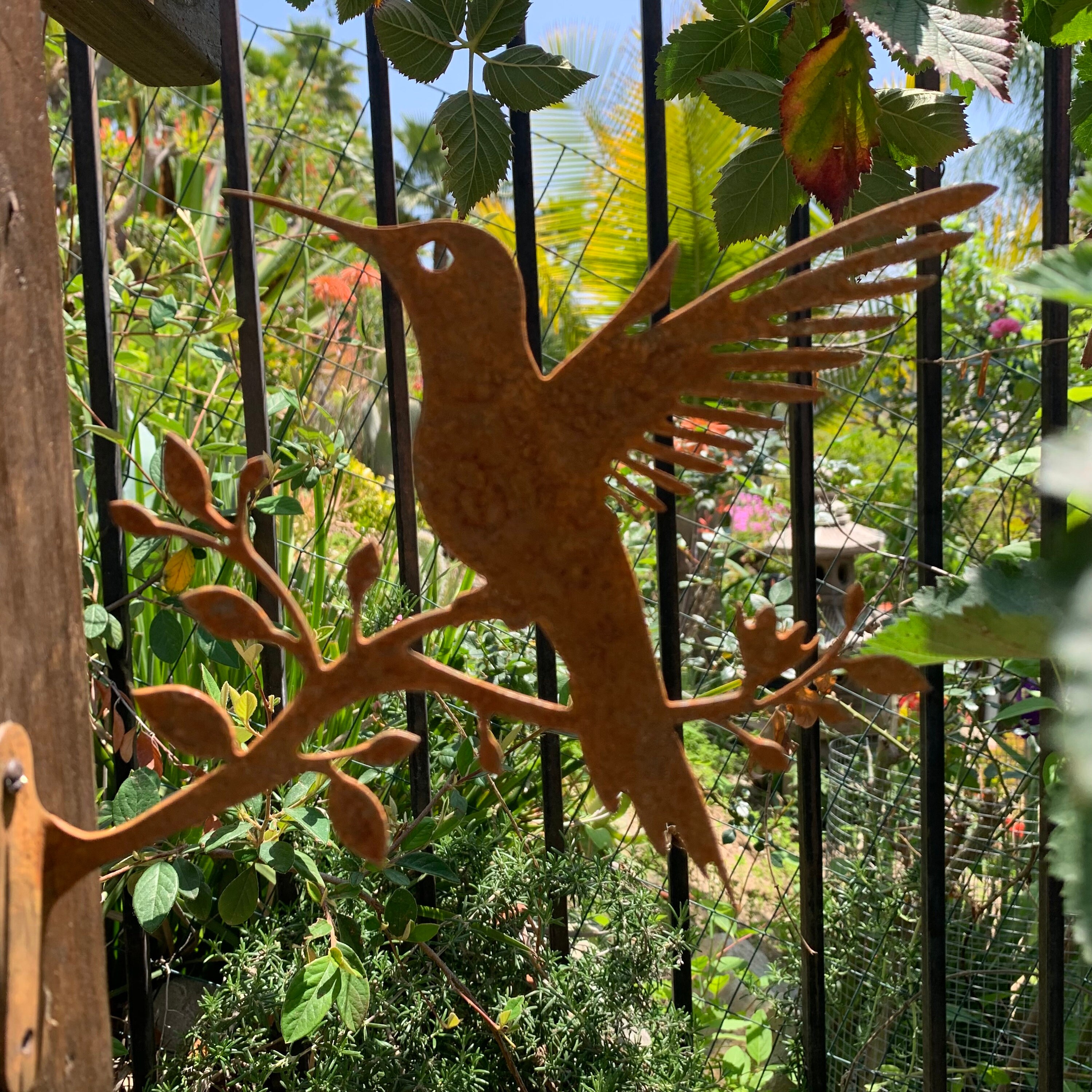 Rusty Rustic Metal Hummingbird on a Branch / Yard Art / Garden Decor ...