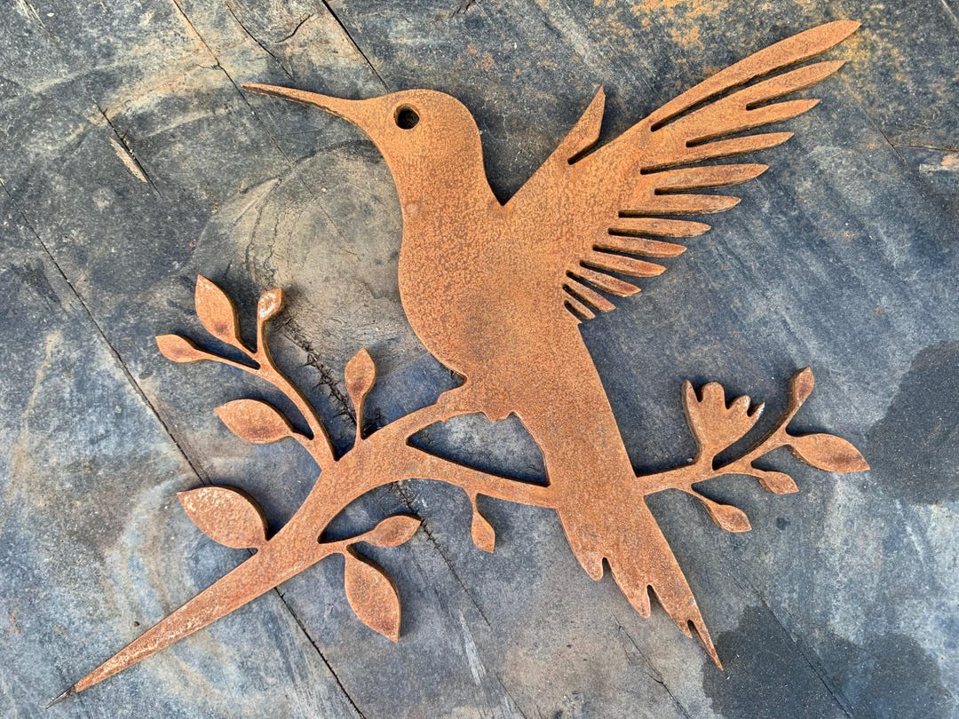 Rusty Rustic Metal Hummingbird on a Branch Tree Stake / Yard Art ...