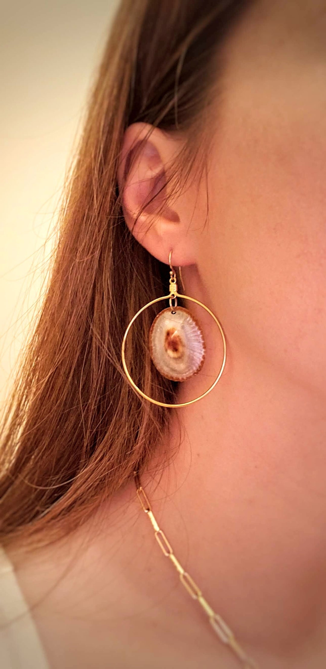 Gold Dangle Hoop Limpet Earrings Lightweight Opihi Earrings Seashell Dangle Shell Owl Limpet ...
