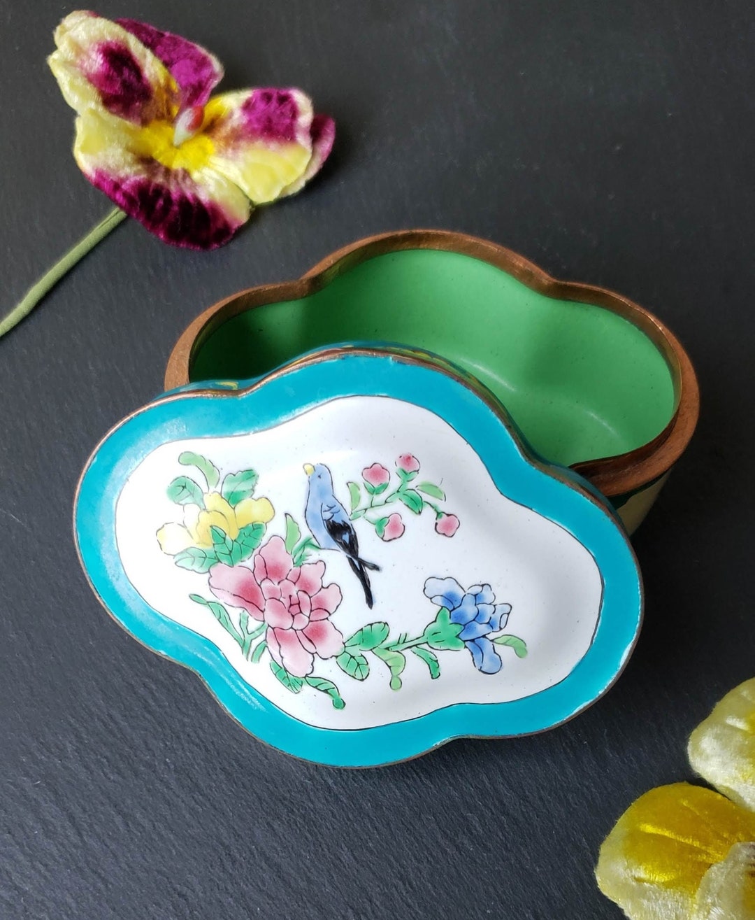Vintage Japanese Trinket Box With Bird Clover Shape Enamel on Brass ...