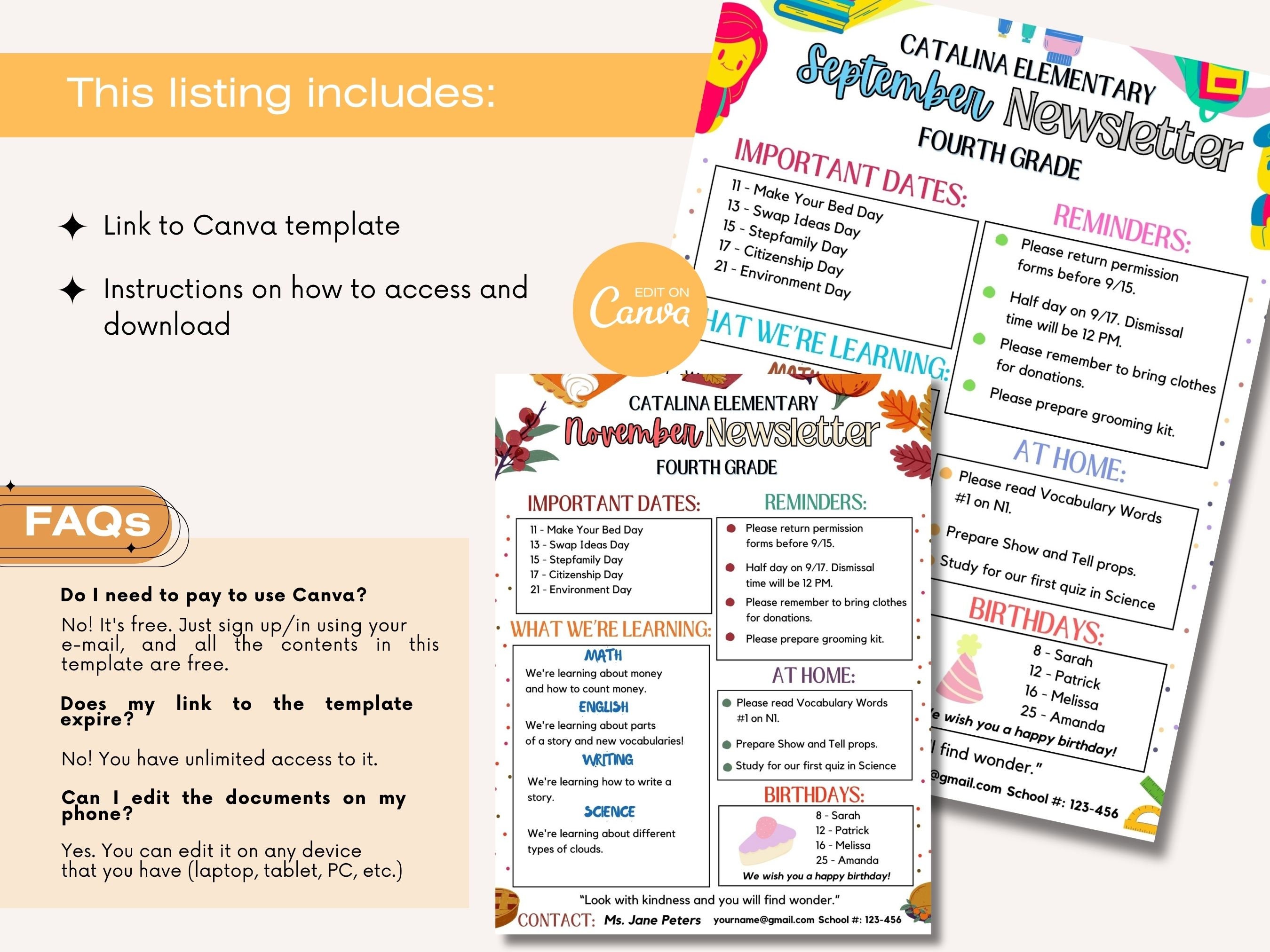 Seasonal Monthly Newsletter Template 2024, Editable Canva Classroom ...