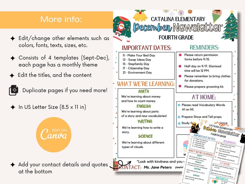 Seasonal Monthly Newsletter Template 2024, Editable Canva Classroom ...