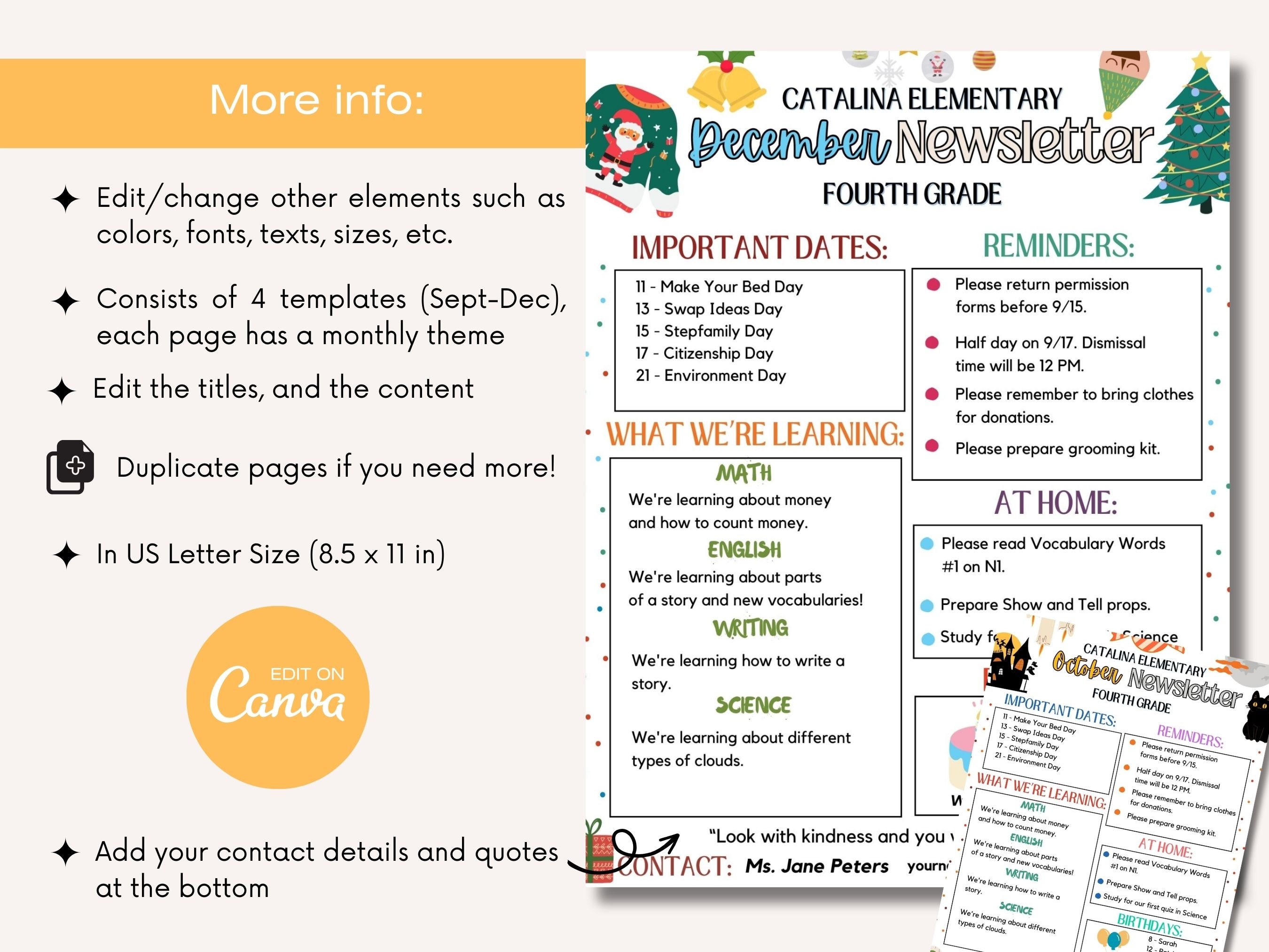 Seasonal Monthly Newsletter Template 2024, Editable Canva Classroom ...
