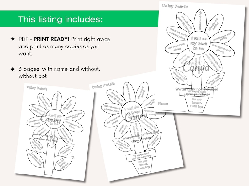 Girl Scout Daisy Petals Chart, Promise and Law Coloring Pages, Daisy ...