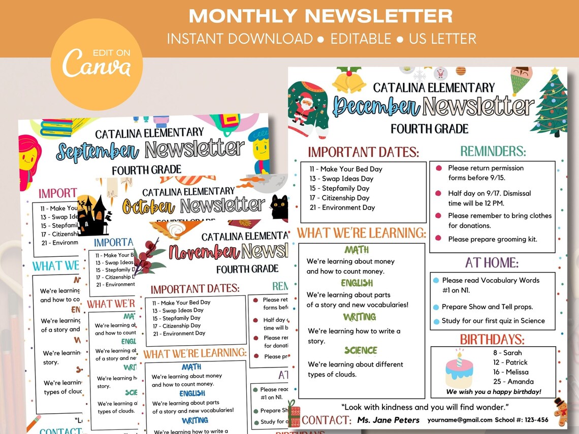 Seasonal Monthly Newsletter Template 2024, Editable Canva Classroom ...