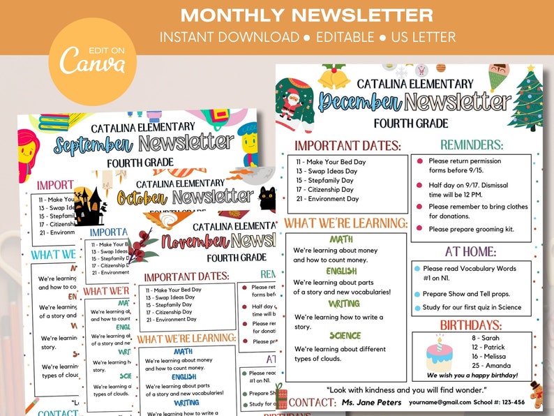 Seasonal Monthly Newsletter Template 2024, Editable Canva Classroom ...