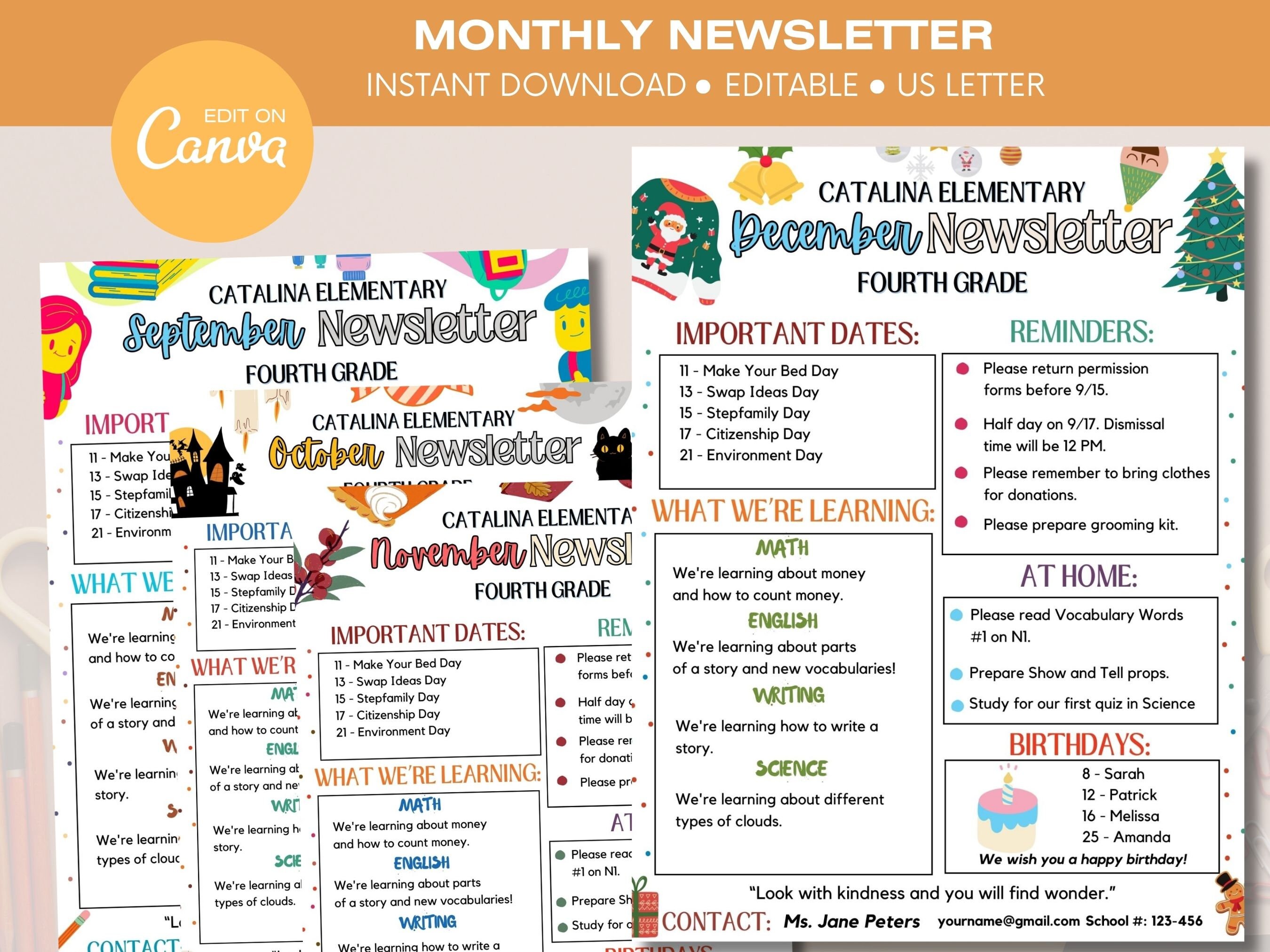 Seasonal Monthly Newsletter Template 2024, Editable Canva Classroom ...