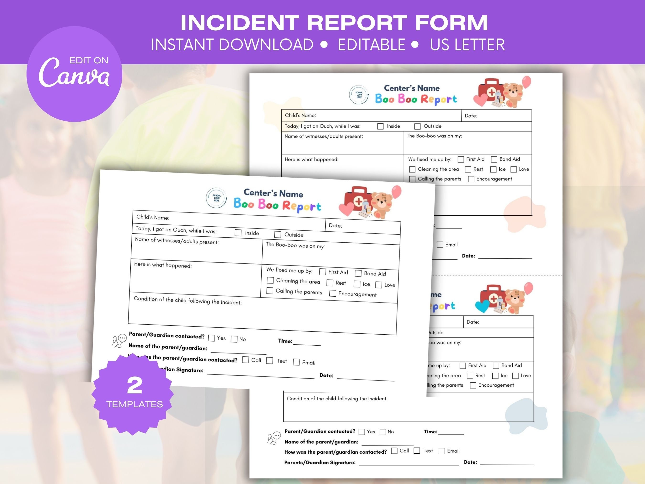 Daycare Boo Boo Report Form Incident Report Form Accident Ouch Report ...