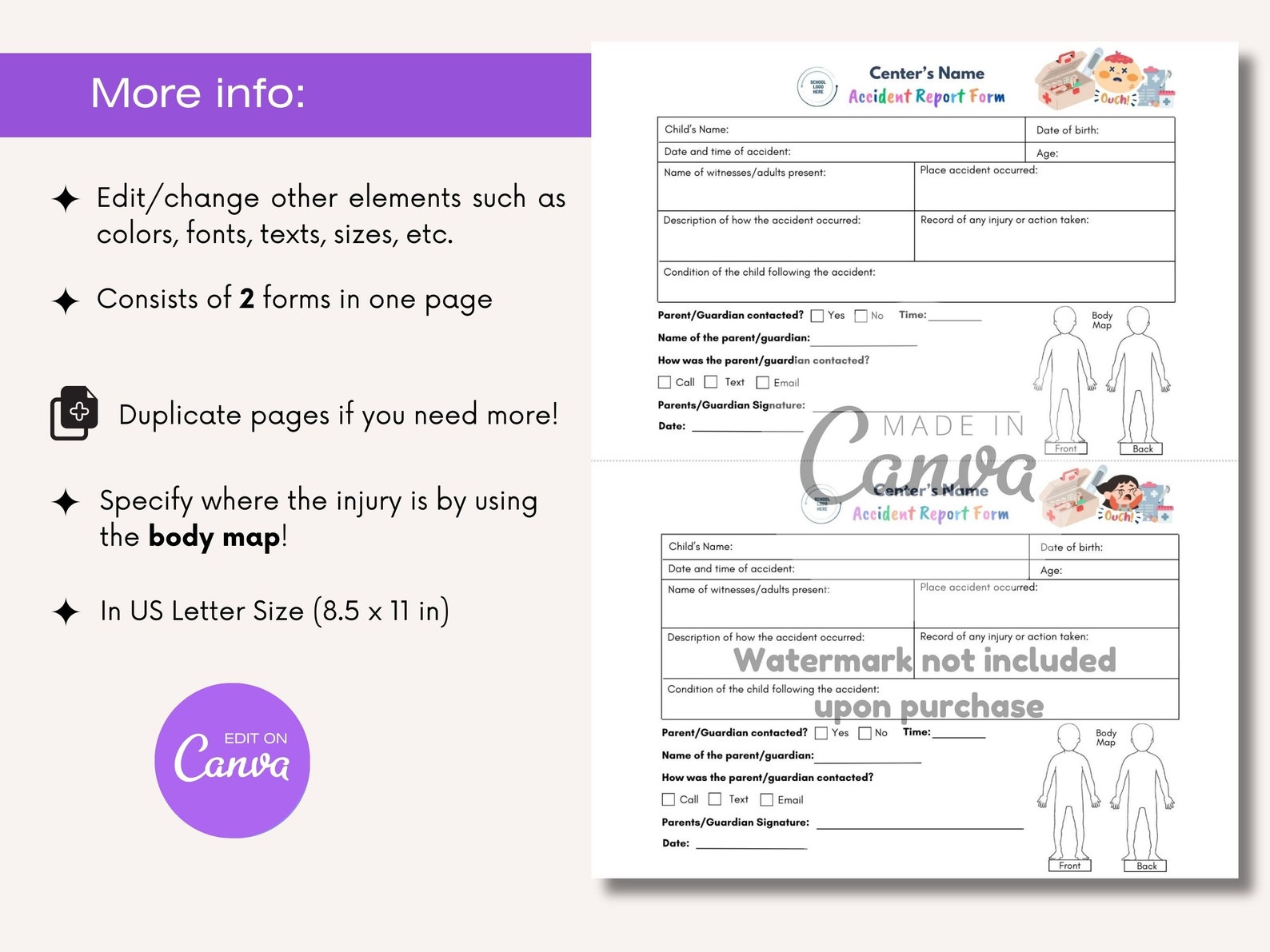 Daycare Boo Boo Report Form Incident Report Form Accident Ouch Report ...