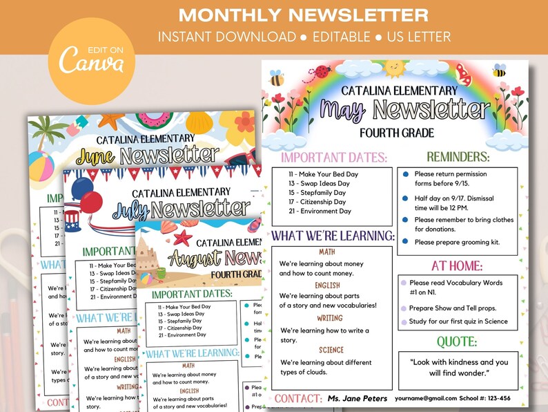 NEW May June July August Editable Classroom Newsletter Template ...